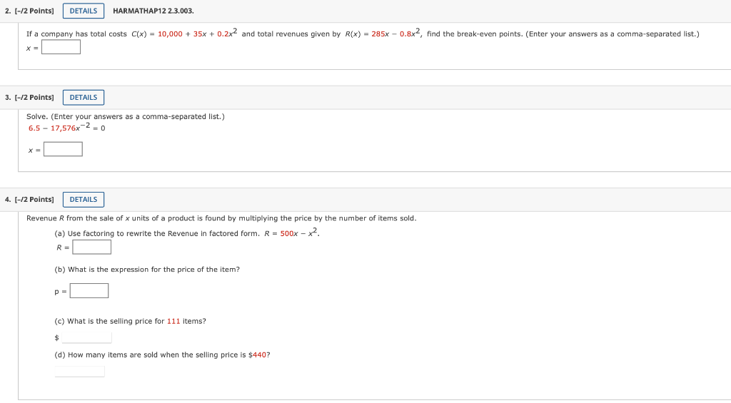 Solved x= [-/2 Points] Solve. (Enter your answers as a | Chegg.com