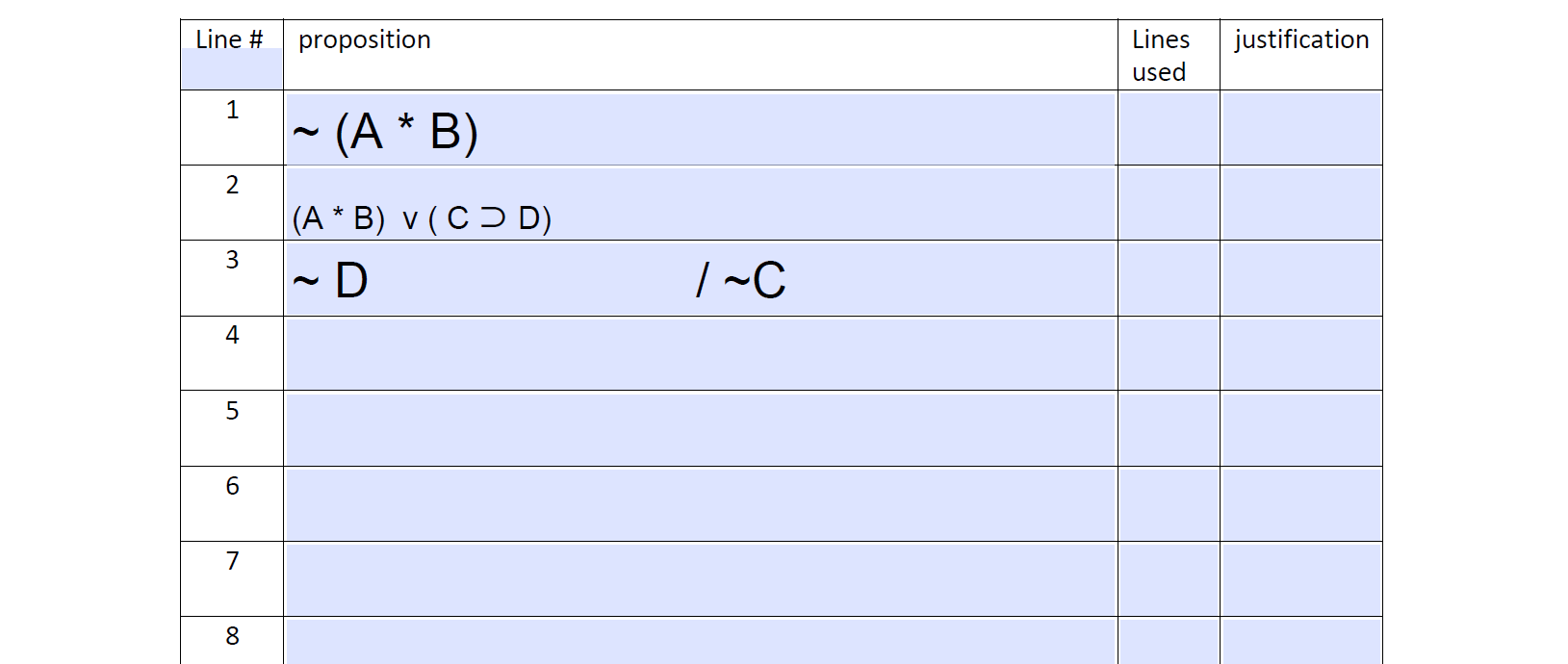 Solved Line # proposition Lines used justification 1 ~ (A * | Chegg.com