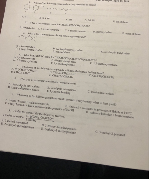 Solved E April 13, 2018 I. Which of the following compounds | Chegg.com