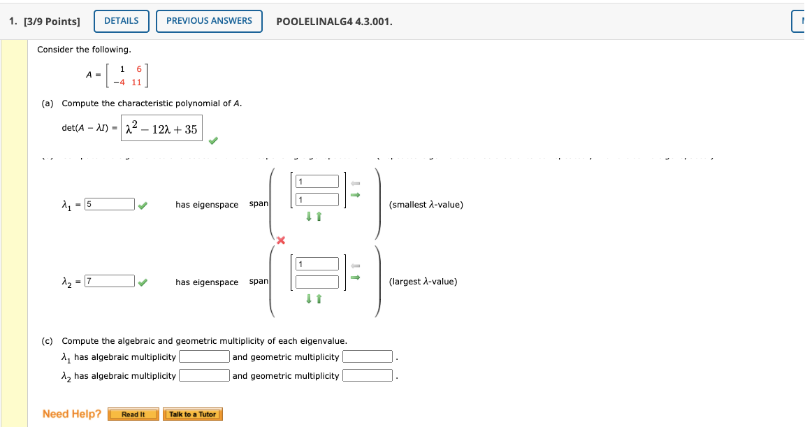 Solved 1. [3/9 Points] DETAILS PREVIOUS ANSWERS POOLELINALG4 | Chegg.com