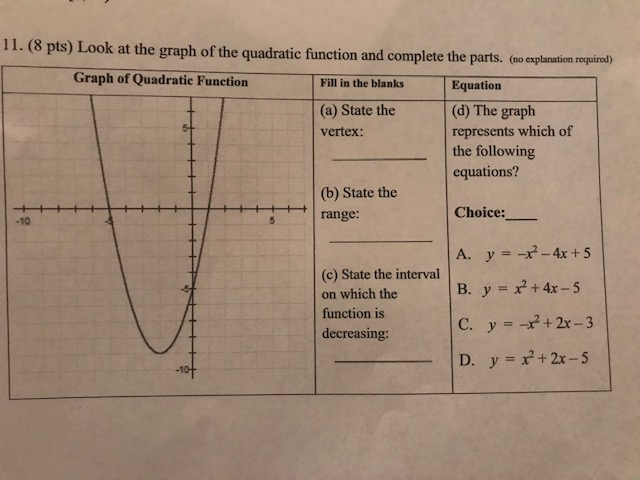 Solved 11. (8 pts) Look at the graph of the quadratic | Chegg.com