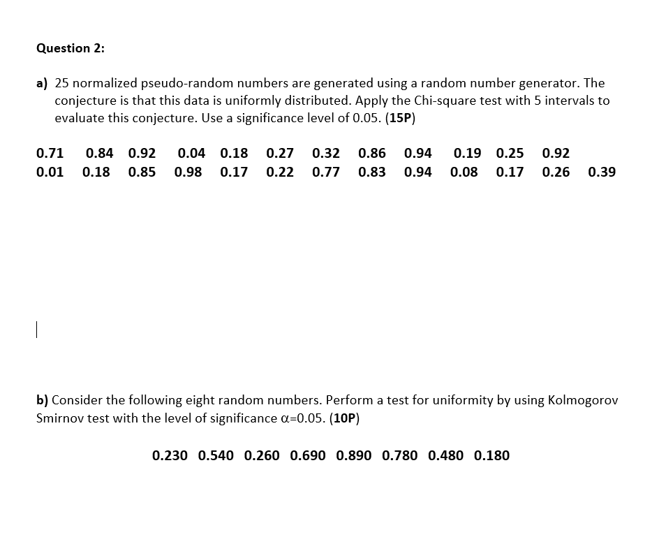 Question 2: a) 25 normalized pseudo-random numbers | Chegg.com