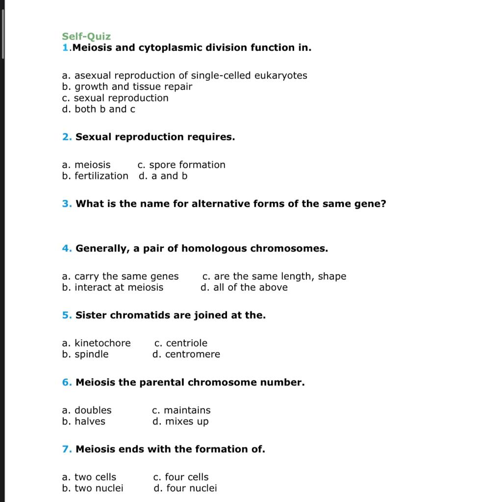 Solved Self-Quiz 1.Meiosis and cytoplasmic division function | Chegg.com