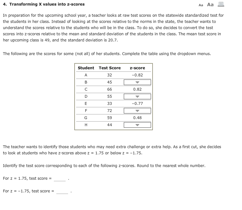 Solved 4. Transforming X values into z-scores Aa Aa In | Chegg.com