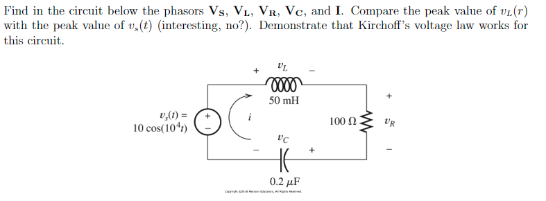 Solved Find in the circuit below the phasors VS,VL,VR,VC, | Chegg.com