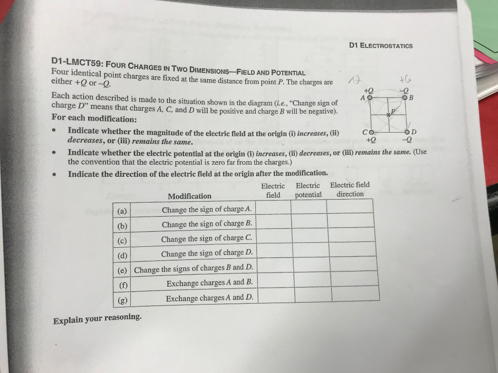Solved D1 ELECTROSTATICS D 1-LM CT59: FOUR CHARGES IN TWO | Chegg.com