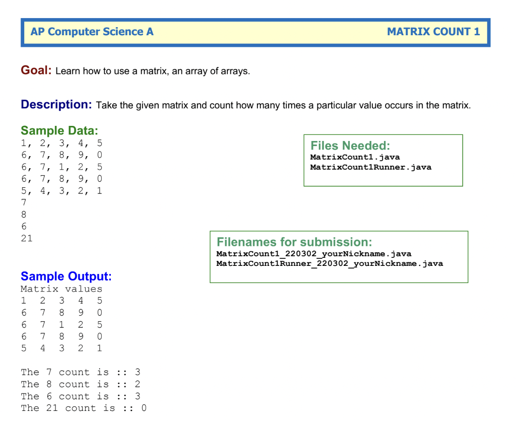 Solved AP Computer Science A MATRIX COUNT 1 Goal: Learn how | Chegg.com