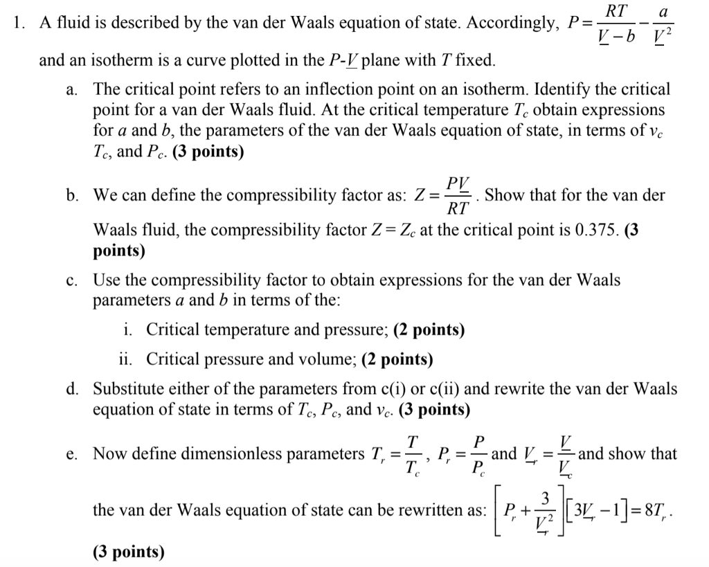 Solved RT a 1. A fluid is described by the van der Waals | Chegg.com