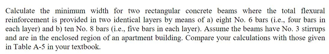 Minimum Beam Width (in.) for Multiple U.S. Bars per | Chegg.com