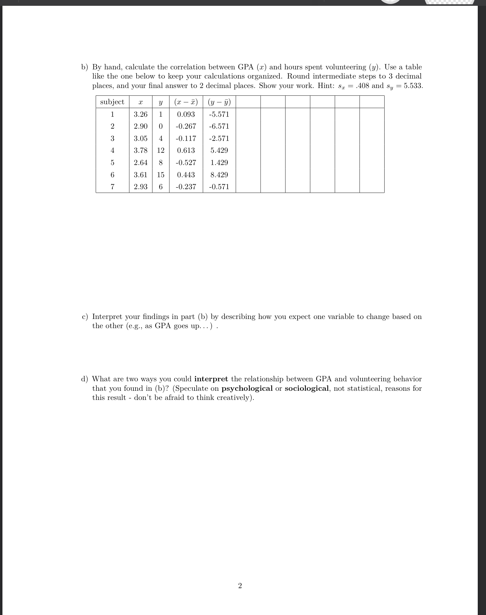 Solved b) By hand, calculate the correlation between GPA (x) | Chegg.com