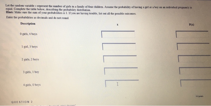 Solved Letthe Random Variable X Represent The Number Ofgirls 