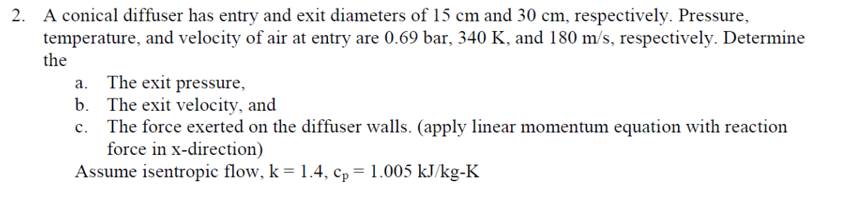 Solved a. 2. A conical diffuser has entry and exit diameters | Chegg.com
