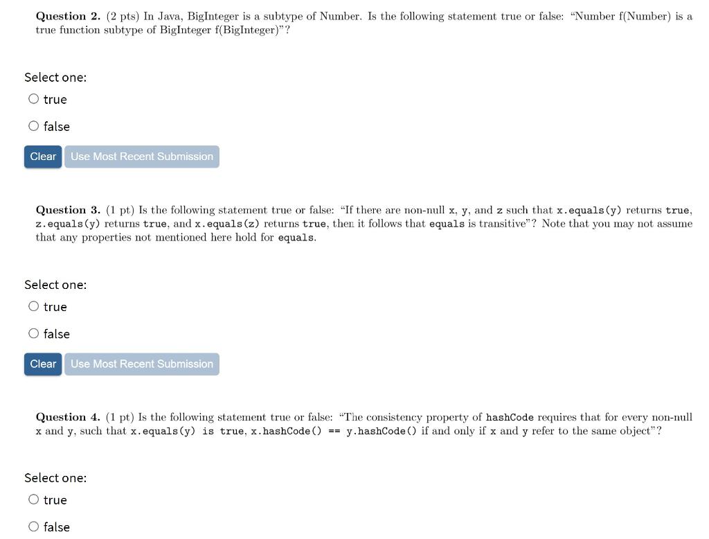 Solved Question 2. (2 pts) In Java, BigInteger is a subtype | Chegg.com