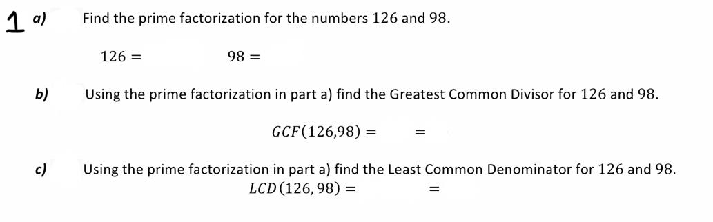 Solved 1 a) Find the prime factorization for the numbers 126 | Chegg.com