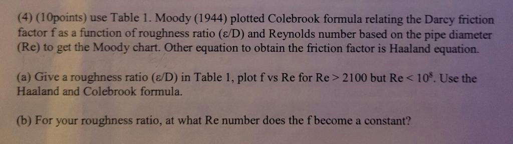 Solved (4) (10points) use Table 1. Moody (1944) plotted | Chegg.com