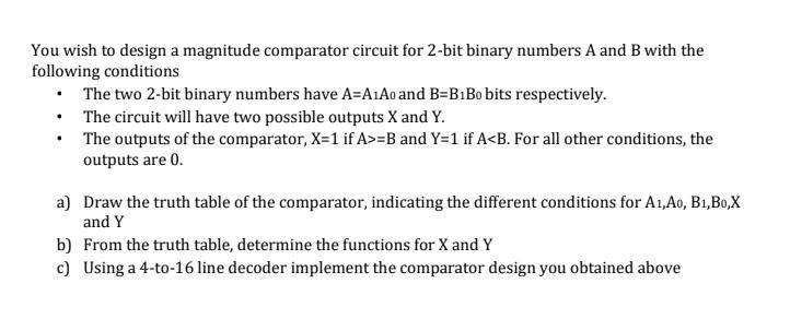 Solved You wish to design a magnitude comparator circuit for | Chegg.com