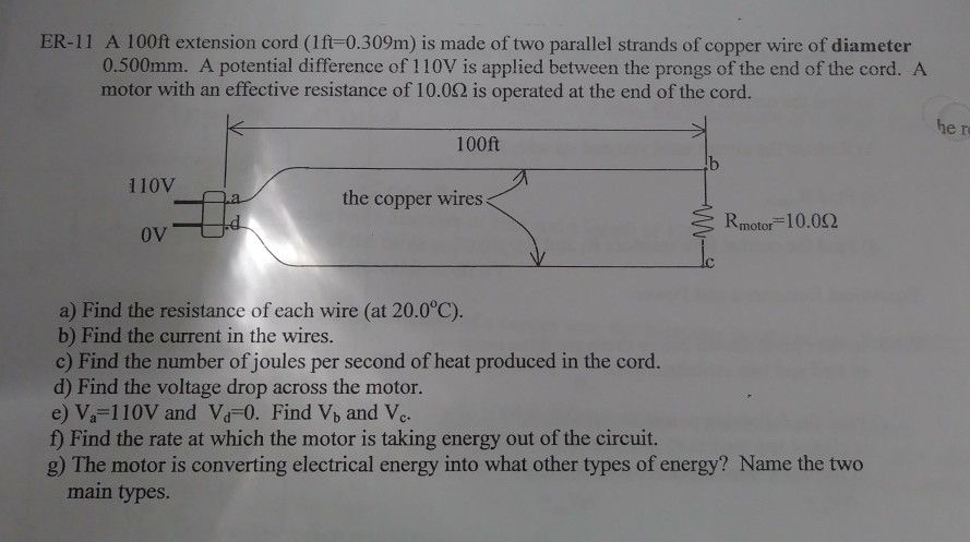 Solved ER-11 A 100ft extension cord (Ift-0.309m) is made of | Chegg.com
