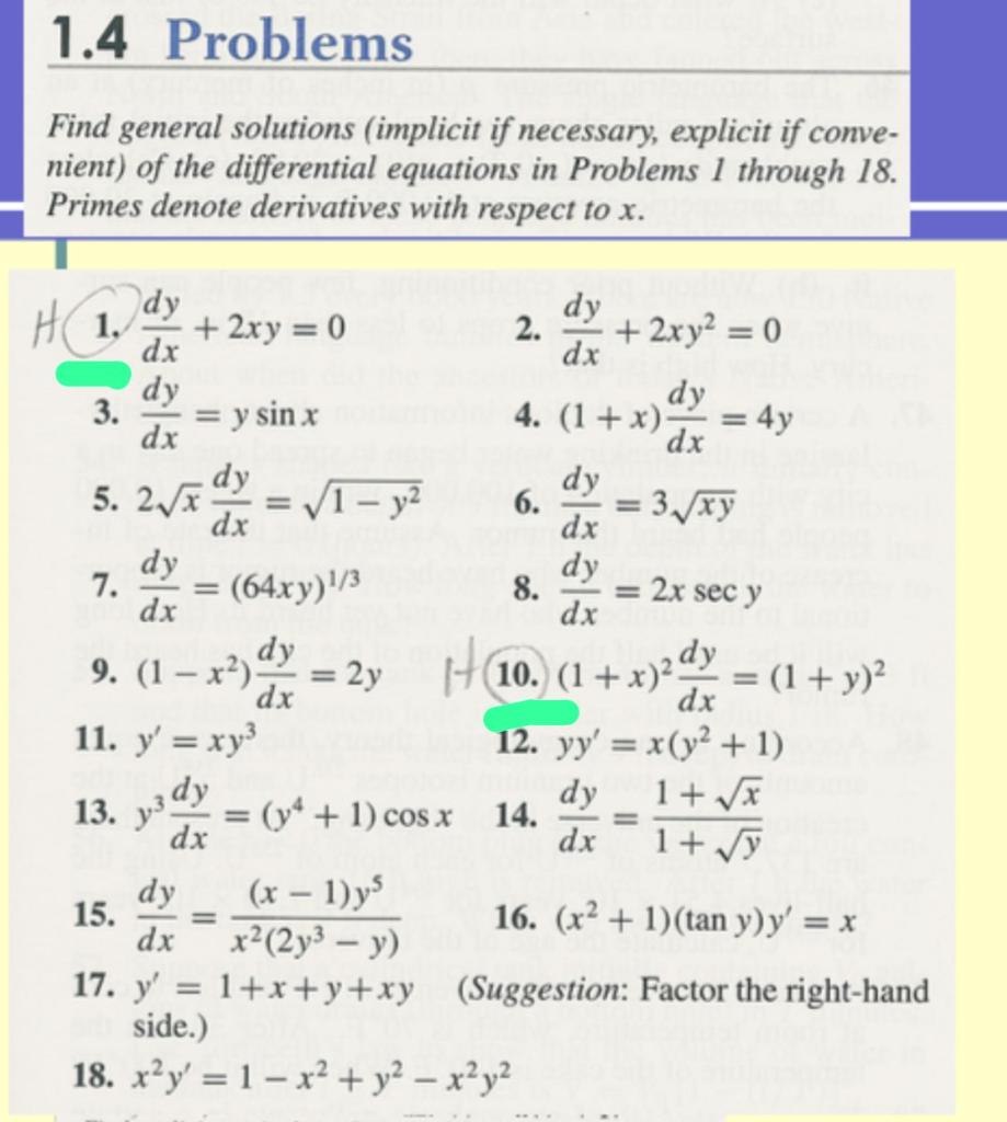 Solved 1.4 Problems Find general solutions (implicit if | Chegg.com
