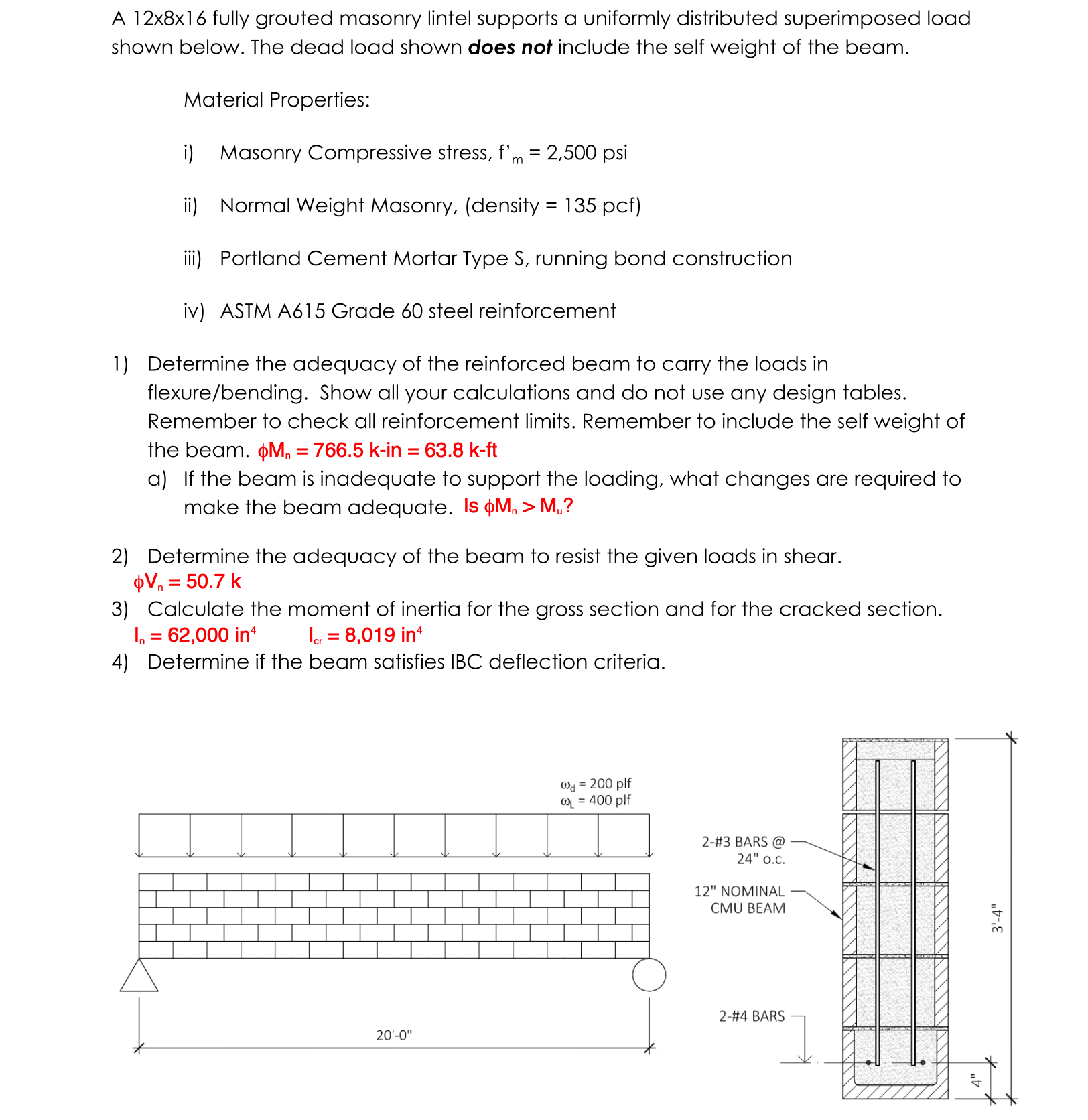 Solved A 12x8x16 ﻿fully grouted masonry lintel supports a | Chegg.com