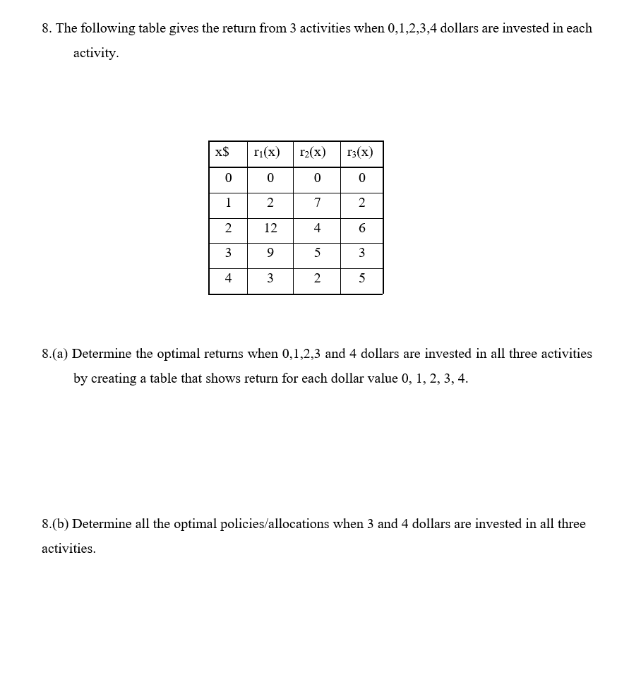 Solved 8. The following table gives the return from 3 | Chegg.com