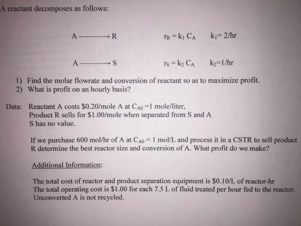 A reactant decomposes as follows: AR rr = kį Ca kı= | Chegg.com