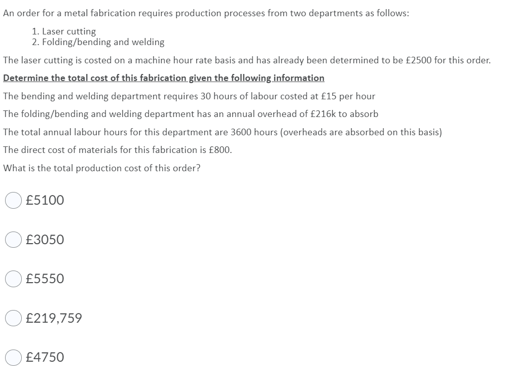 Solved An order for a metal fabrication requires production | Chegg.com