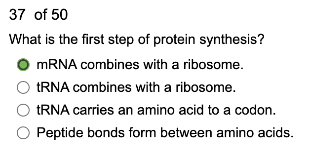 Solved 37 of 50 What is the first step of protein synthesis? | Chegg.com