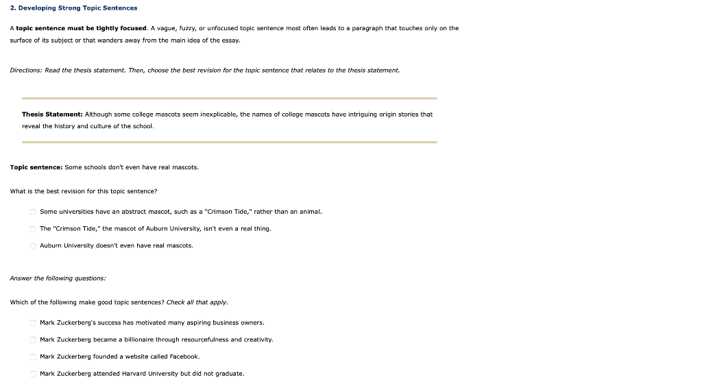 Solved 2. Developing Strong Topic Sentences A topic sentence | Chegg.com