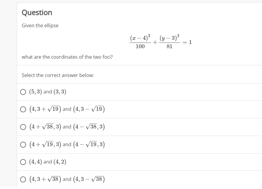 Solved Question Given the ellipse (x – 4)2 (y - 3) 2 + 11 1 | Chegg.com