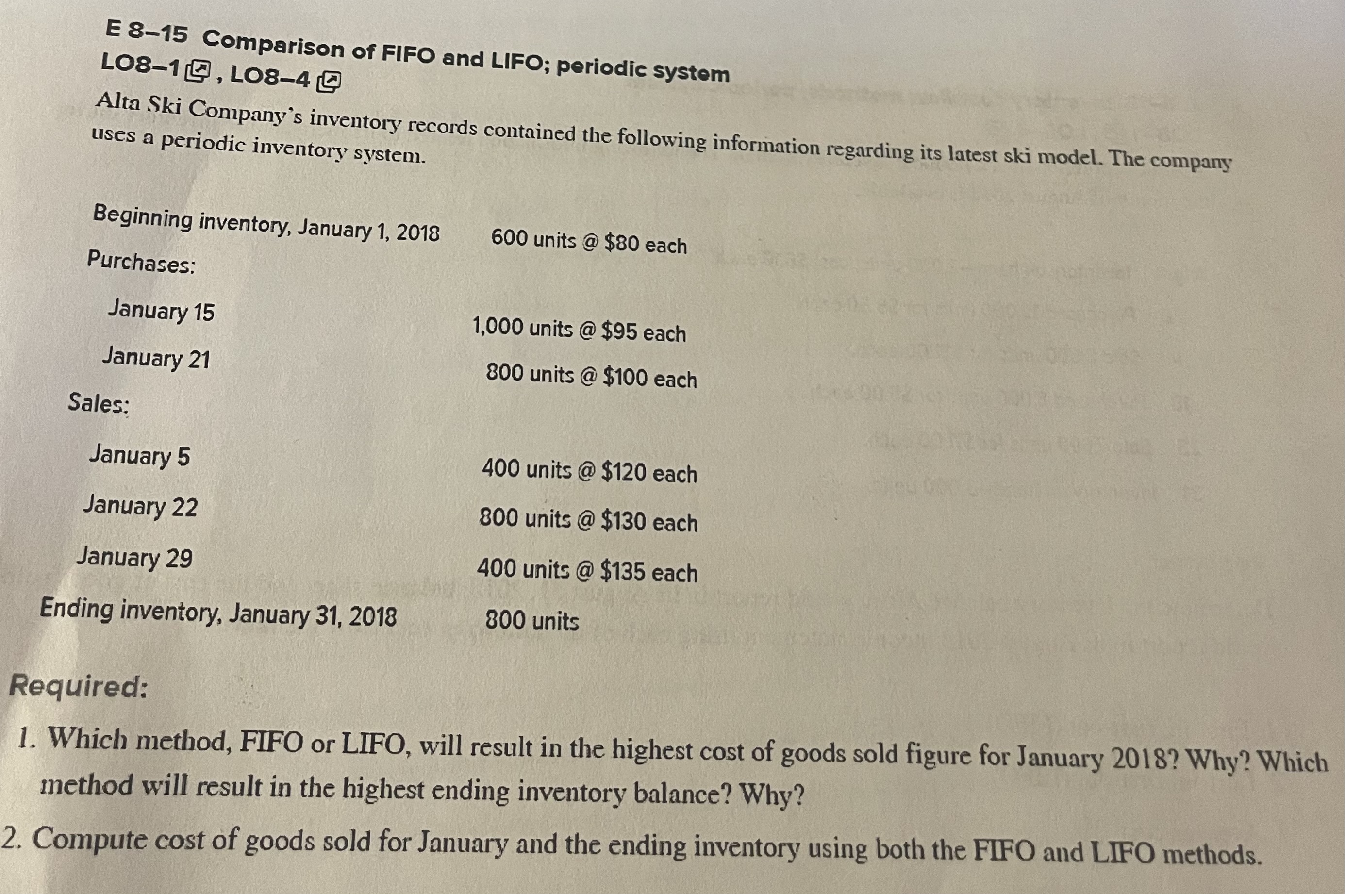 Solved E 8-15 Comparison of FIFO and LIFO; periodic system | Chegg.com
