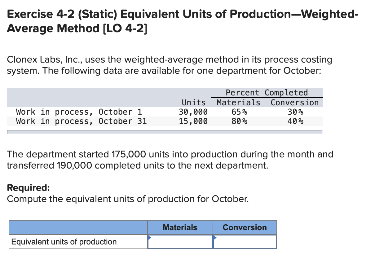 Solved Exercise 4-2 (Static) Equivalent Units of | Chegg.com