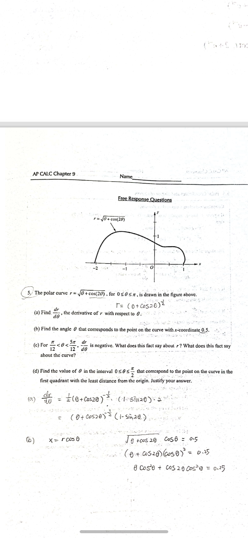 Solved Free Response Questions The polar curve r=θ+cos(2θ), | Chegg.com