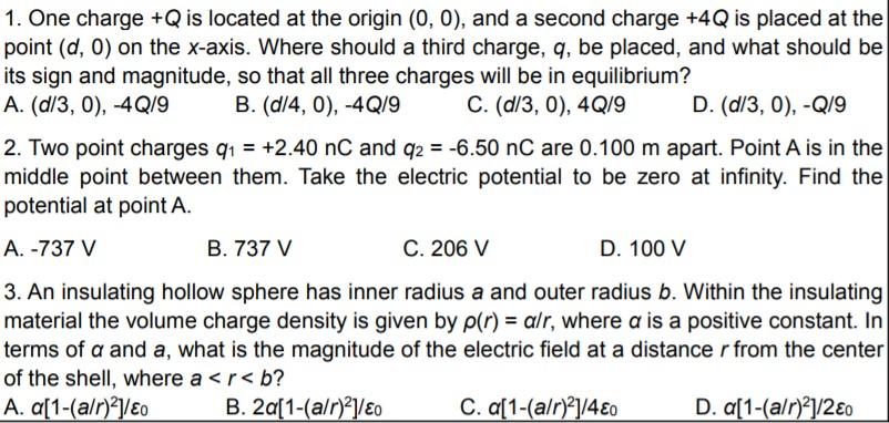 Solved 1. One charge +Q is located at the origin (0, 0), and | Chegg.com