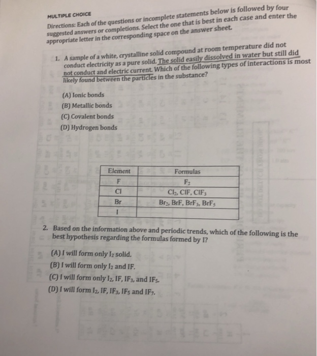 Solved Directions: Each of the questions or incomplete | Chegg.com