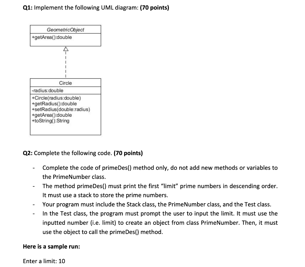 Solved Q1: Implement the following UML diagram: (70 points) | Chegg.com