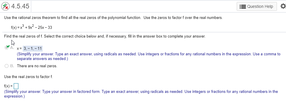 Solved %) 4.5.45 Question Help Use the rational zeros | Chegg.com
