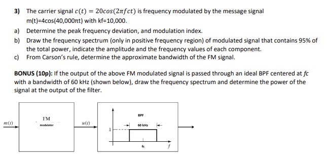 Solved 3) The carrier signal c(t)=20cos(2πfct) is frequency | Chegg.com