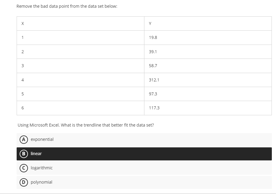 Solved Remove the bad data point from the data set below: | Chegg.com