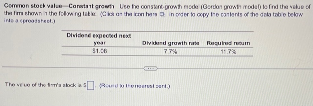 Solved Common stock value - Constant growth Use the | Chegg.com