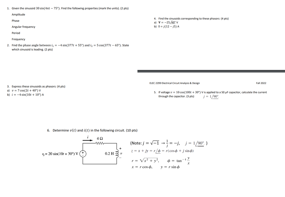 Solved 1. Given the sinusoid 30sin(4πt−75∘). Find the | Chegg.com