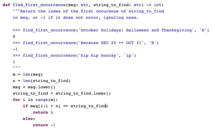 Solved Def Find first occurrence msg Str String to find Chegg