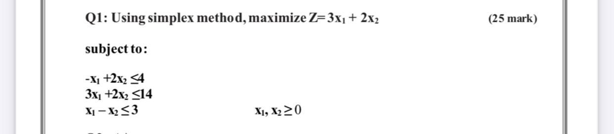 Solved Q1: Using simplex method, maximize Z=3x, + 2x2 (25 | Chegg.com