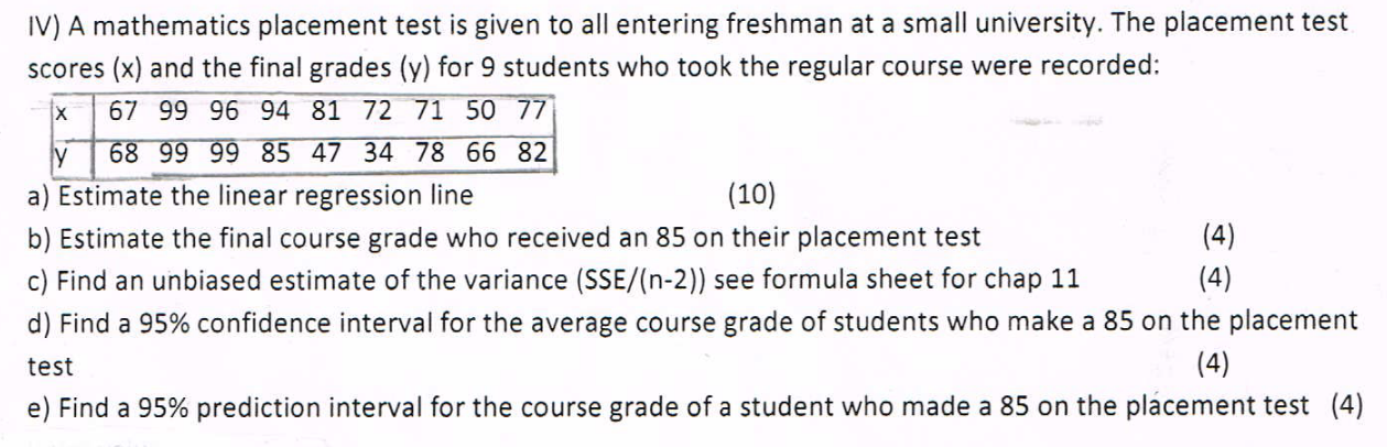 Solved IV) A mathematics placement test is given to all | Chegg.com