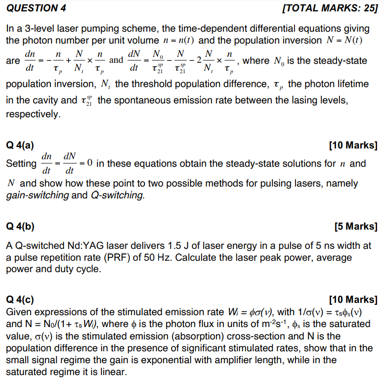 Solved In a 3-level laser pumping scheme, the time-dependent | Chegg.com