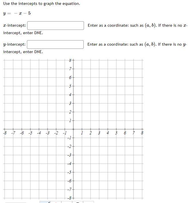 Solved Use the intercepts to graph the equation. y = -x-5 | Chegg.com