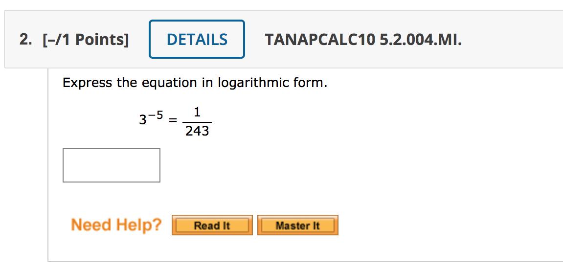 Solved Express the equation in logarithmic form. 3−5=2431 | Chegg.com