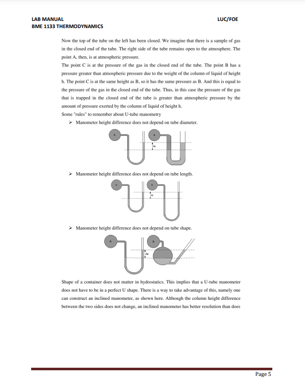 LUC/FOE LAB MANUAL BME 1133 THERMODYNAMICS Experiment | Chegg.com