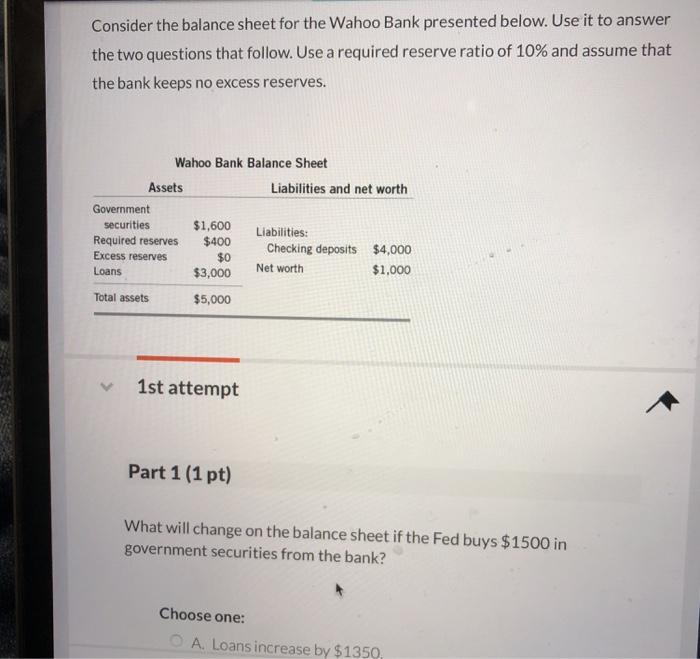 Solved Consider the balance sheet for the Wahoo Bank | Chegg.com