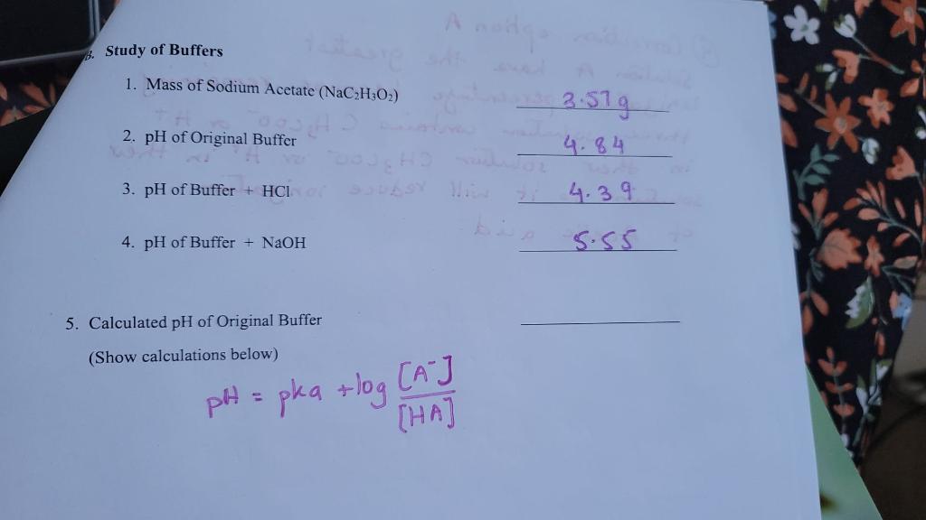 Solved 3. Study of Buffers 1. Mass of Sodium Acetate | Chegg.com