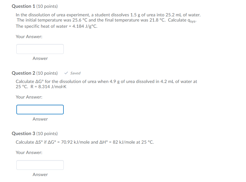 Question 1 (10 points) In the dissolution of urea | Chegg.com